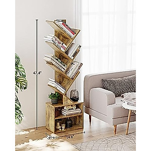 SUNMORY 6 Tier Tree Bookshelf, Small Bookcase with Storage Cabinet, Modern Tall Narrow Bookshelves Organizer, Floor Standing Book Shelf for Bedroom/Living Room/Home Office/Corner, Rustic Brown