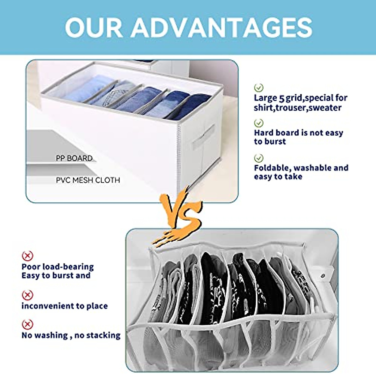 2 Pack Wardrobe Clothes Organizer, 5-7 Grids Clothes Organizer with Support Plate, Foldable Washable Clothing Drawer Organizer and Clothes Storage Box for Jeans, Thin Coat, Suit Pants, Pajamas
