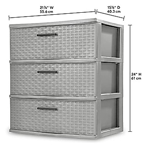 3 Drawer Wide Weave Tower Plastic, Cement - Design Storage Tower with pull handles, Organizer Unit for Bedroom, Closet, Entryway, Hallway, Nursery Room, Storage bins