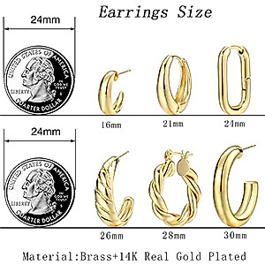 Gold Hoop Earrings Set for Women, 6 Pairs 14K Gold Plated Lightweight Hypoallergenic Chunky Open Hoops Jewelry for Gift
