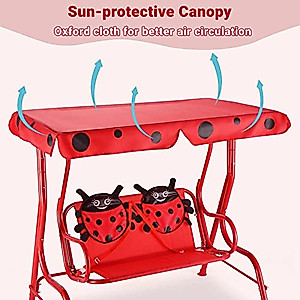 Costzon Patio Swing,All-Weather Porch Swing w/Safety Belt, 2 Seats Outdoor Lounge Chair Hammock w/Removable Canopy, Outdoor Swing Bench for Backyard Lawn Garden (Ladybug Pattern,Red)
