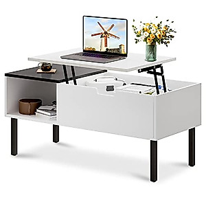 Koifuxii Coffee Table with Lift Top and Storage - White and Black Lift Top Coffee Tables for Living Room, Small Spaces - Lift up Coffee Table Wood, Metal Legs