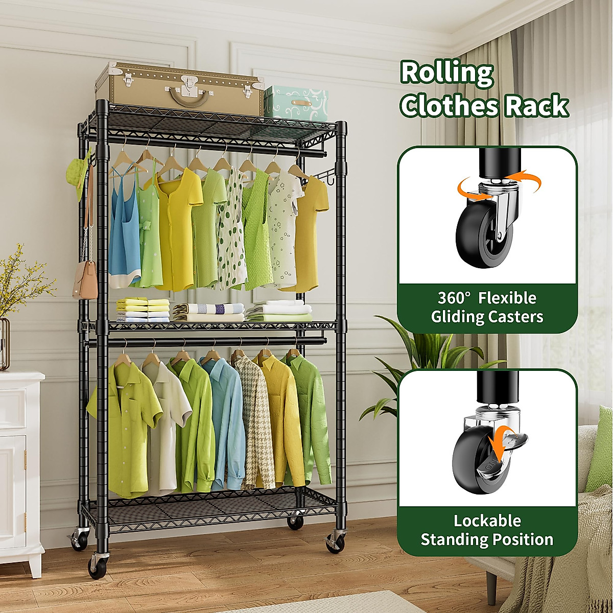 SEMHOR S3-M Portable Closets Rolling Clothes Rack 3 Tier Heavy Duty Clothing Rack with 2 Hanging Rod and 2 Side Hooks, Freestanding Adjustable Wardrobe Garment Rack for Bedroom Laundry