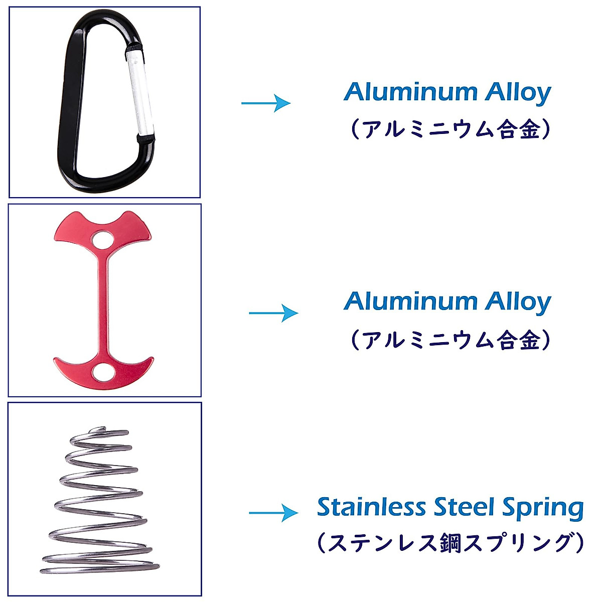 TRIWONDER 6pcs Deck Plank Board Tent Stakes Aluminum Spring Anchor Fishbone Guyline Cord Adjuster Tent Pegs with Carabiners for Outdoor Camping Hiking (Red Spring Nails + Carabiners)