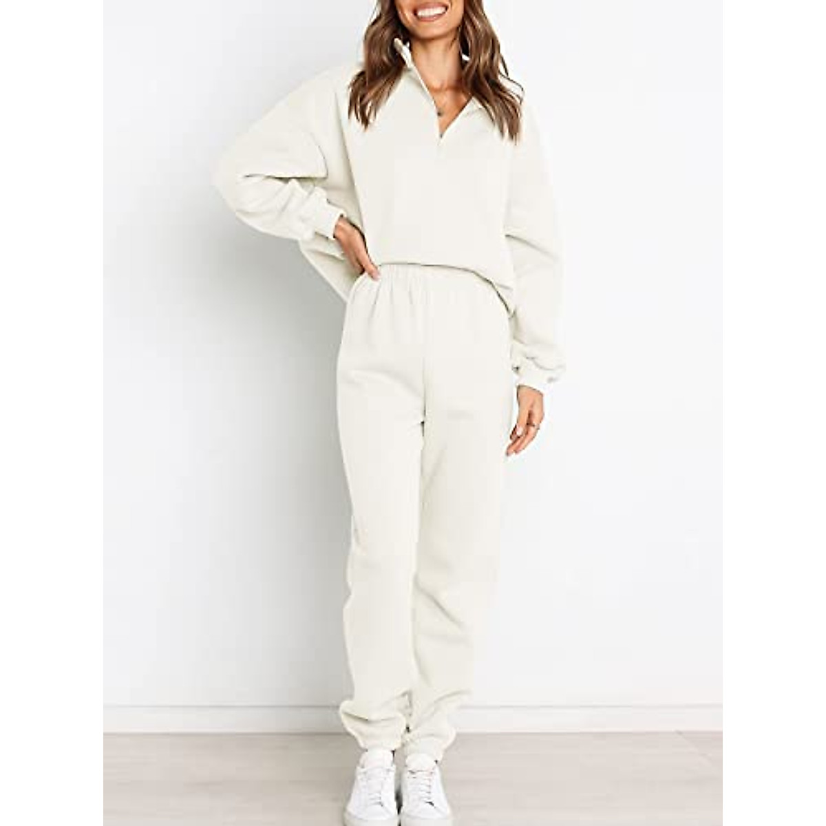 Prinbara Women's 2023 Fall Fashion Outfits 2 Piece Sweatsuit Solid Color Long Sleeve Pullover Long Pants Tracksuit 7PA76-baise-L