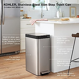 KOHLER 23826-ST 13 Gallon Elongated Hands-Free Step Can, Trash Can with Soft-Close and Foot Pedal, Quiet Close Lid, Stainless Steel
