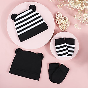 URATOT 6 Sets Newborn Baby Hats Mittens Sets Unisex Cotton Bear Ears Infant Caps Beanie Hat No Scratch Mittens for 0-3 Months