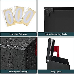 Nunsino Wall-Mounted Mailbox with Flag Kit and 3 Sets of Number Stickers, Metal Post Box, Rust-Resistant for Outside Use,15.24” L x 4.72”W x 10.43”H, Black