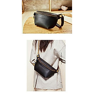 Women Chain Strap Cross-body Bags Genuine Leather Waist Bag with Zipper Closure for Daily (Black)