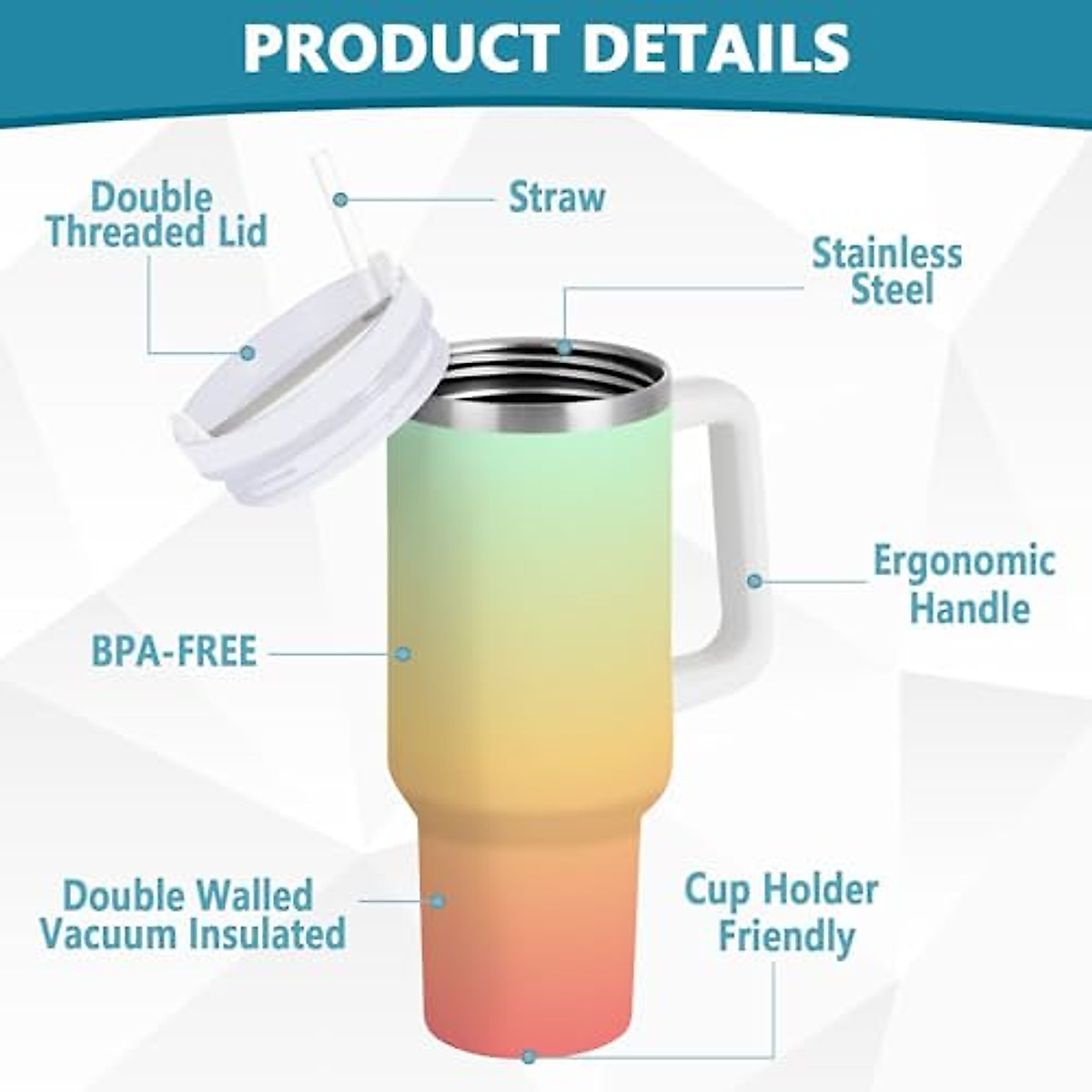 MCHIVER Blue Pink Gradient 40 oz Tumbler with Handle and Straw Stainless Steel Vacuum Water Bottle Leak-proof Travel Coffee Mug Insulated Cup for Office Car Home