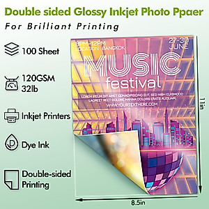 Koala Double Side Glossy Photo Paper 8.5x11 Inches 120gsm 100 Sheets Compatible with Inkjet Printer