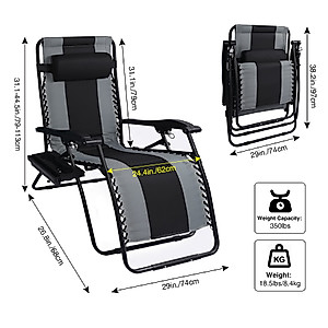 Piamomso Oversize Zero Gravity Chair with Cup Holder,Folding Recliner Lawn Zero Gravity Lounge Chair with Headrest, Grey & Black