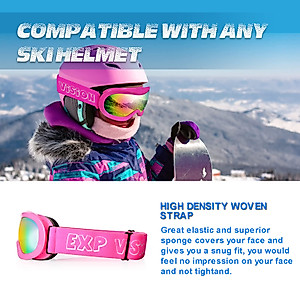 EXP VISION Ski Goggles Anti-Fog Child Snowboard Goggles with UV Protection, Over The Glasses Snow Goggles for Adult Kids (Pink Set)