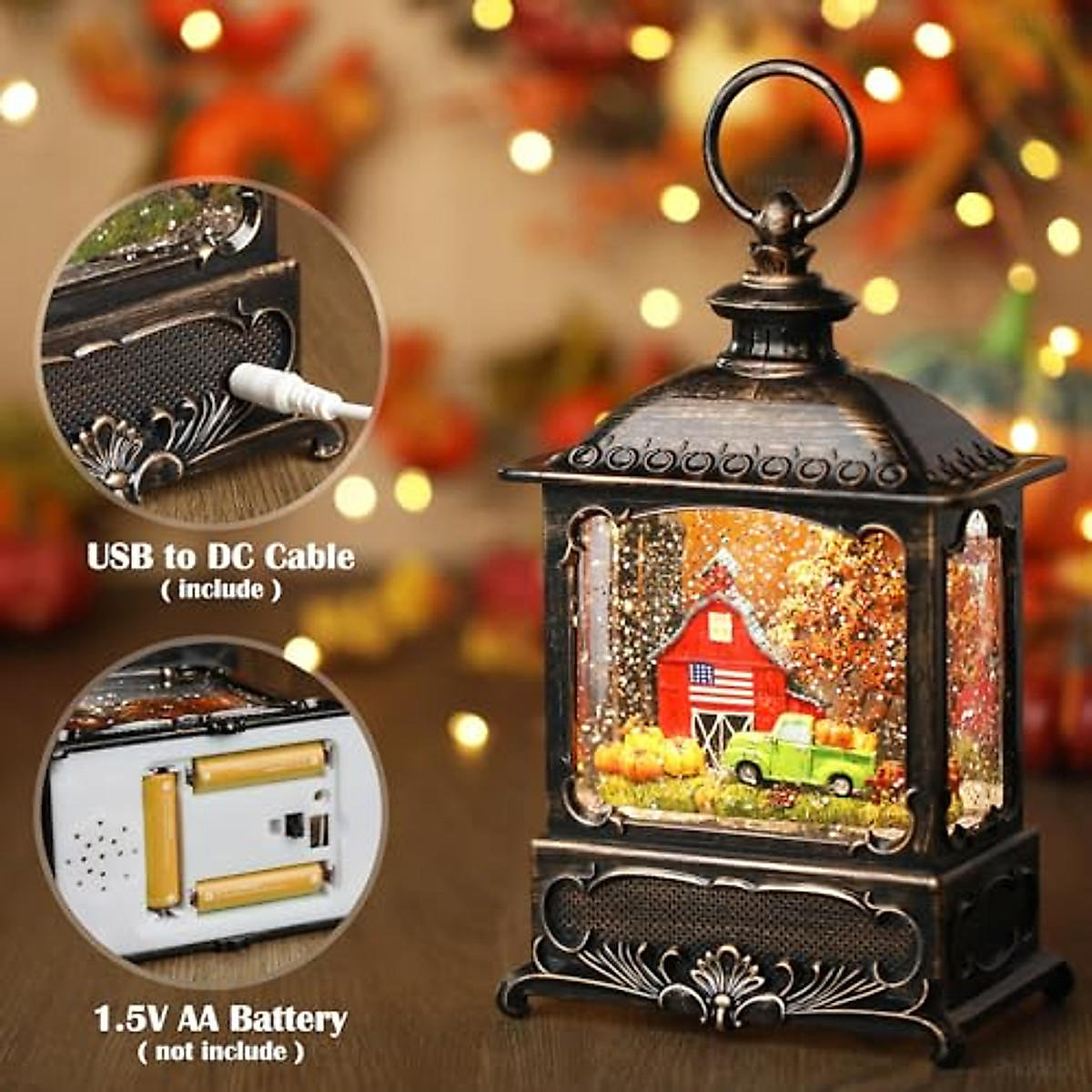 Priddop Fall Snow Globe Lantern - Red Barn Truck Pumpkin Farm Glittering Autumn Harvest Decorations for Home, Thanksgiving