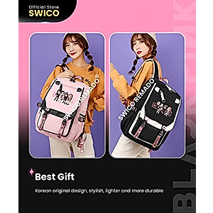 Swico Remado Kpop Backpack Laptop Bag School Bag Bookbag with USB Charging and Headphone Port, Black&Pink (Black Yellow)