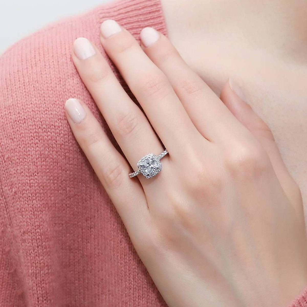 BERRICLE Sterling Silver Halo Wedding Engagement Rings Cushion Cut Cubic Zirconia CZ Ring Set for Women, Rhodium Plated Size 4