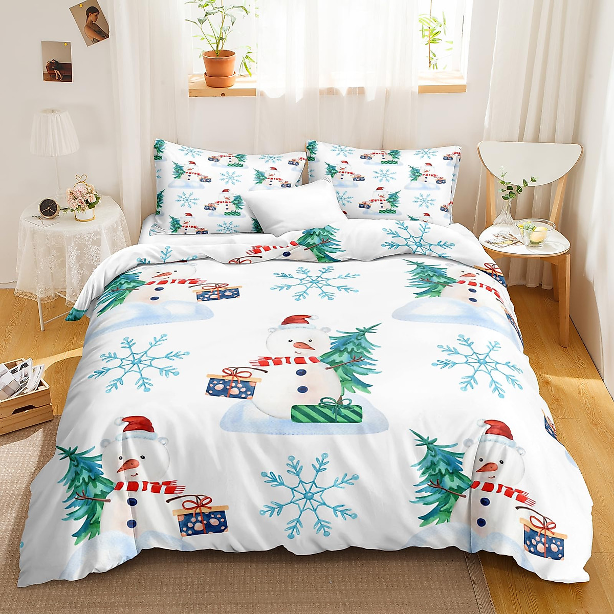 Herside Christmas Tree Bedding Set Queen Size Christmas Duvet Cover Set Snowflakes Snowman Xmas Festival Theme Bedding Set with Zipper Closure Christmas Decorations(White,Queen)