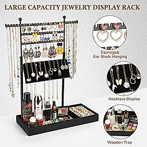 SOLIMINTR Jewelry Organizer, Jewelry Stand with Necklace Display Holder 3 Tier Earring Organizer Rustic Wood Base Tray with Ring Stand Jewelry Storage Tower for Women Girls Gift