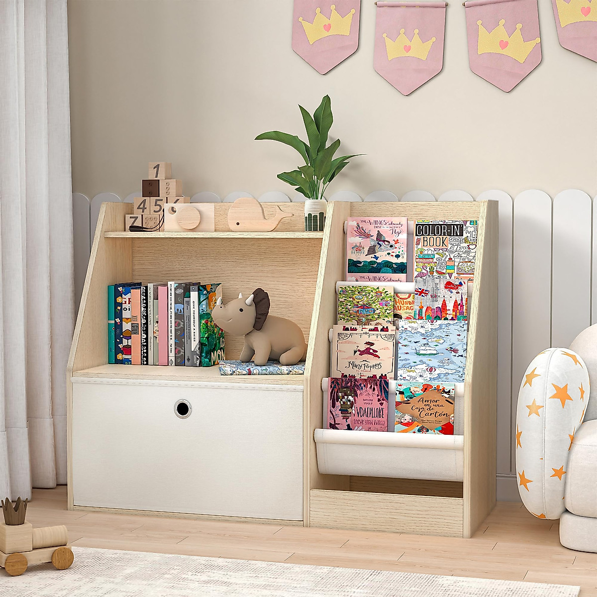 TOETOL Kids Bookshelf & Book Storage，4 Sling Wooden Toddler Book Shelf，2-Tier Wooden Open Bookcase & Storage Organizer Boxes for Nursery, Playroom, Bedroom