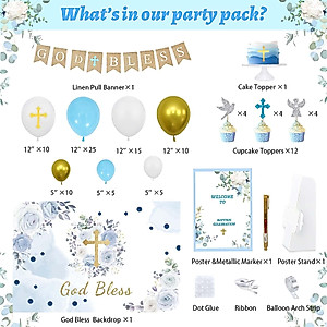 Fiesec Baptism Decorations for Boys, First Communion Christening Party Decorations God Bless Backdrop Balloon Garland Arch Linen Banner Poster Cake Cupcake Topper White Gold Blue
