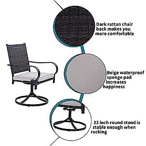 PHI VILLA Outdoor Patio Dining Set of 7, Rectangular Metal Steel Steel Slat Patio Dining Umbrella Hole Table, 6 Rattan Swivel Chairs with Cushion Furniture Set for Home Patio Porch Yard Garden Deck