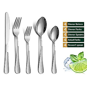 CREATIVE HOBBIES 20-Piece Silverware Set For 5,Checkered Pattern Mirror Finish Smooth Stainless Steel Fork Spoon Set Silverware Flatware Cutlery Set Include Knife/Fork/Spoon,D