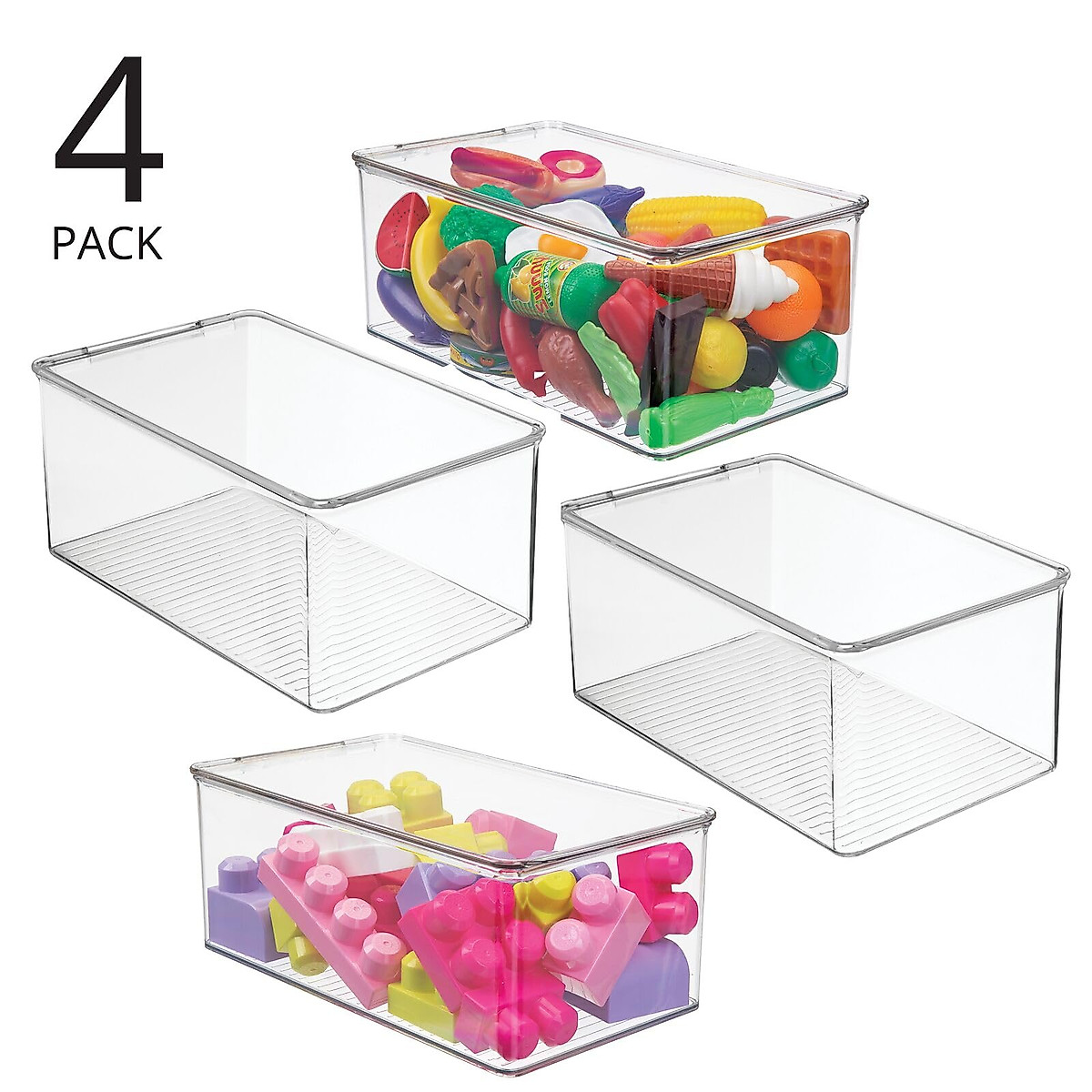 mDesign Plastic Stackable Toy Storage Bin Container Box with Hinge Lid for Organizing Living Room, Play Room, Bedroom, Nursery, Hold Blocks, Puzzles, Books, Lumiere Collection, 4 Pack - Clear