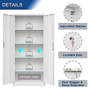 iDEKAI Metal Storage Cabinet with Lock, 71" Garage Storage Cabinets with 2 Lockable Doors and 4 Adjustable Shelves,Tall File Cabinet, Tool Cabinet for Office,Home,Garage,Gym,School (White)