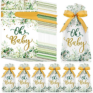 Bulyoou 50 Pcs Baby Shower Party Favors Bags Baby Plastic Drawstring Gift Bags Greenery Eucalyptus Candy Goodies Treat Bags for Baby Boy Girl Birthday Gender Reveal Party Supplies Decor 9 x 6 Inch