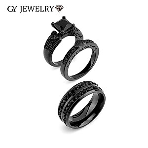 Couple Ring His Hers Women Black Gold Filled Cz Men Stainless Steel Bridal Sets Wedding Band
