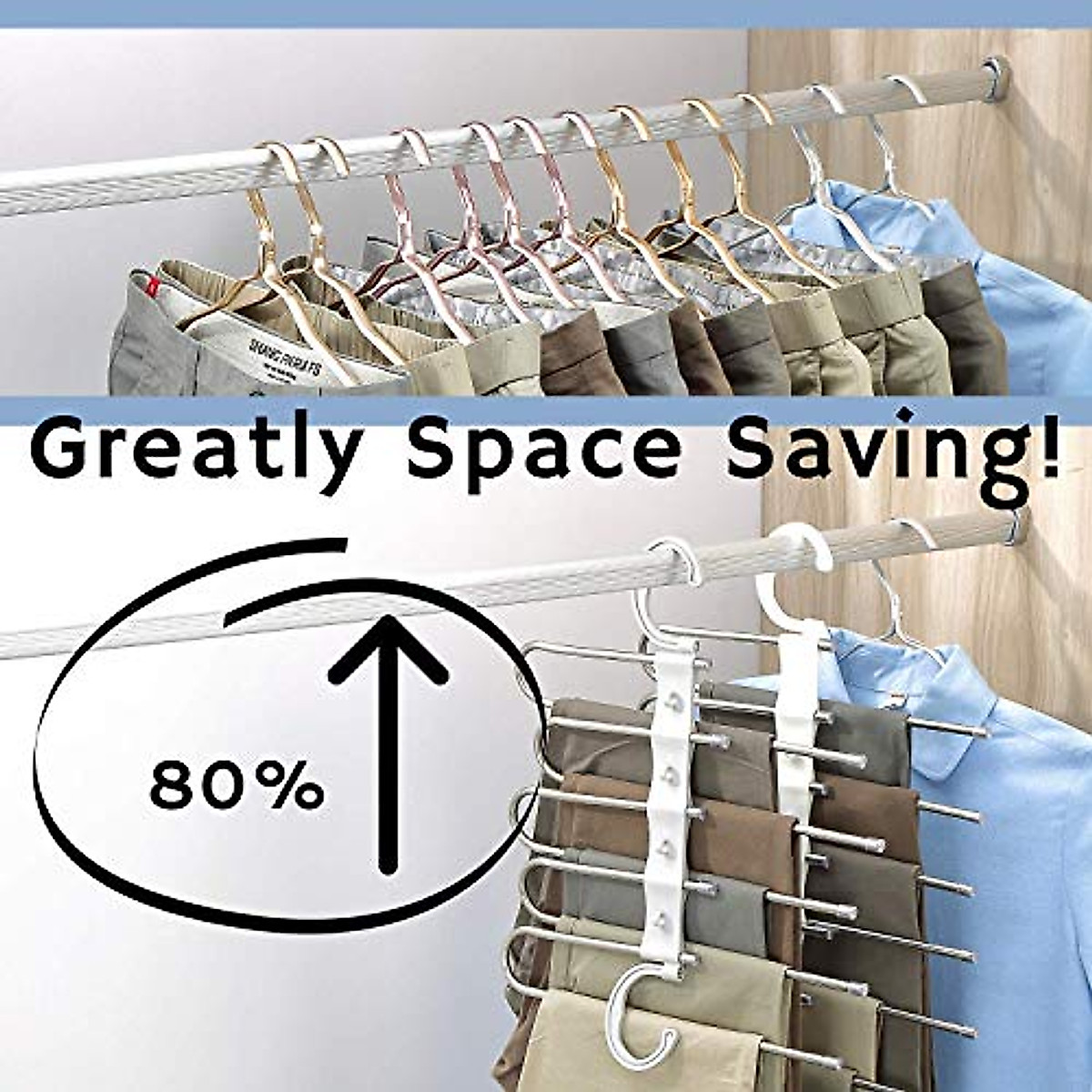 Kumillet Multifunctional Pants Hangers 2 Packs - space saving non slip rack organizer foldable hangers for clothes scarf jeans trousers shorts closet bottom heavy metal multi clothing (White, 6 Hooks)