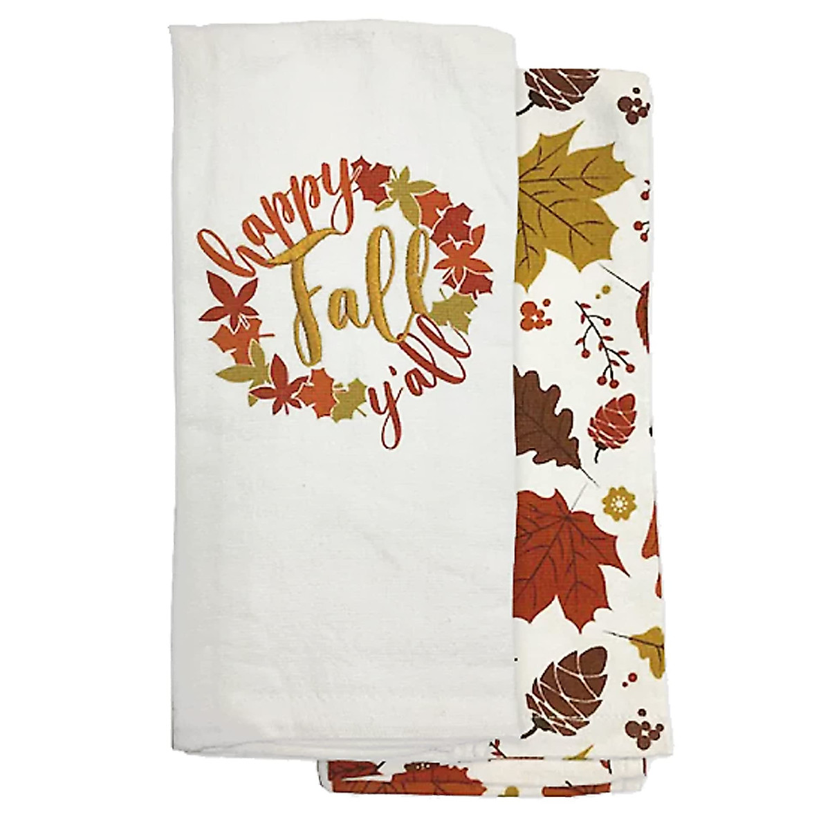 Mainstream Fall Kitchen Towels, Set of 2, Happy Fall Y all with Tossed Leaf Acorn Print Cotton Dual-Sided Terry Dishtowels Drying Cloth 16*26 inches White, Rust, Gold, Tan, Brown