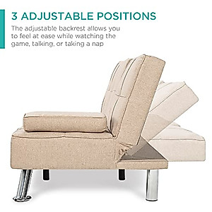Best Choice Products Linen Upholstered Modern Convertible Folding Futon Sofa Bed for Compact Living Space, Apartment, Dorm, Bonus Room w/Removable Armrests, Metal Legs, 2 Cupholders - Beige