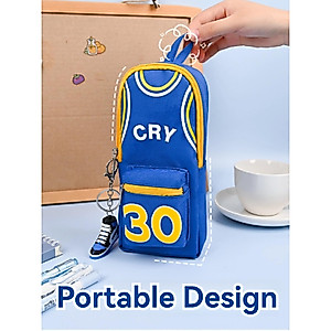 SIORTIO Pencil Pouch Basketball Jersey-Shaped Large Capacity Fashionable Minimalism + 6 Gel Pens & Sneaker Keychain (Blue 30)