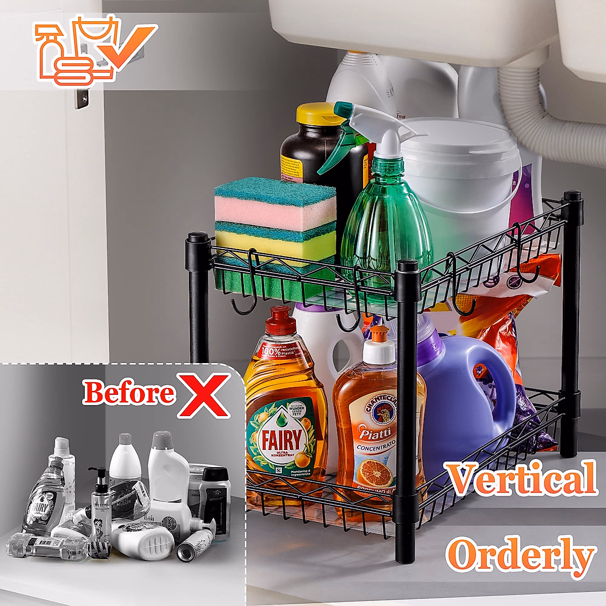 Wahopy Under Sink Organizer, 2 Tier Under Sink Shelf, Bathroom Kitchen Cabinet Under Sink Storage Rack, 2 Wire Baskets with Hooks, Sturdy Metal, Black