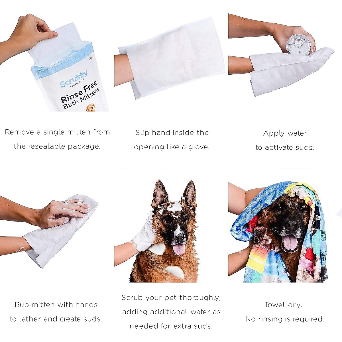 Scrubby Pet No Rinse Pet Wipes, Rinse Free Shampoo Mittens for Dogs and Cats, Bath Wipes for Bathing and Washing Pets, Hypoallergenic No Rinse Wash Mitt for Grooming, Lather Wipe Dry - 5 Pack