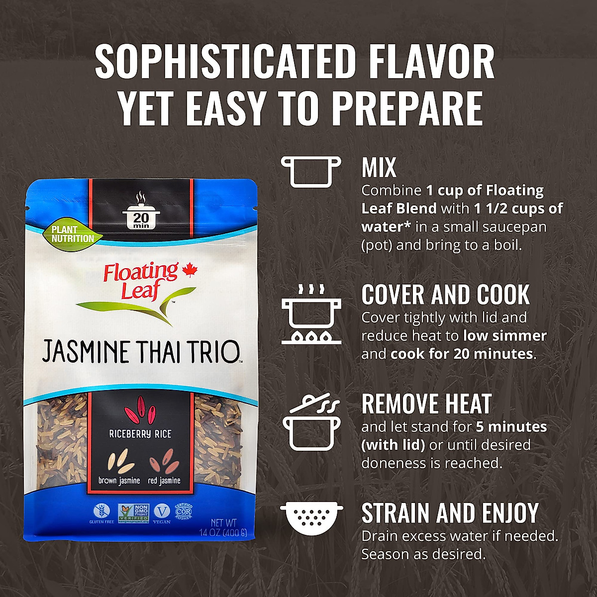 3 Packs x 14 ounces Jasmine Thai Trio, Riceberry Rice (Jasmine Black Rice), Brown Jasmine Rice and Red Jasmine Rice, Non Gluten, Non-Gmo, Kosher and Vegan - Floating Leaf