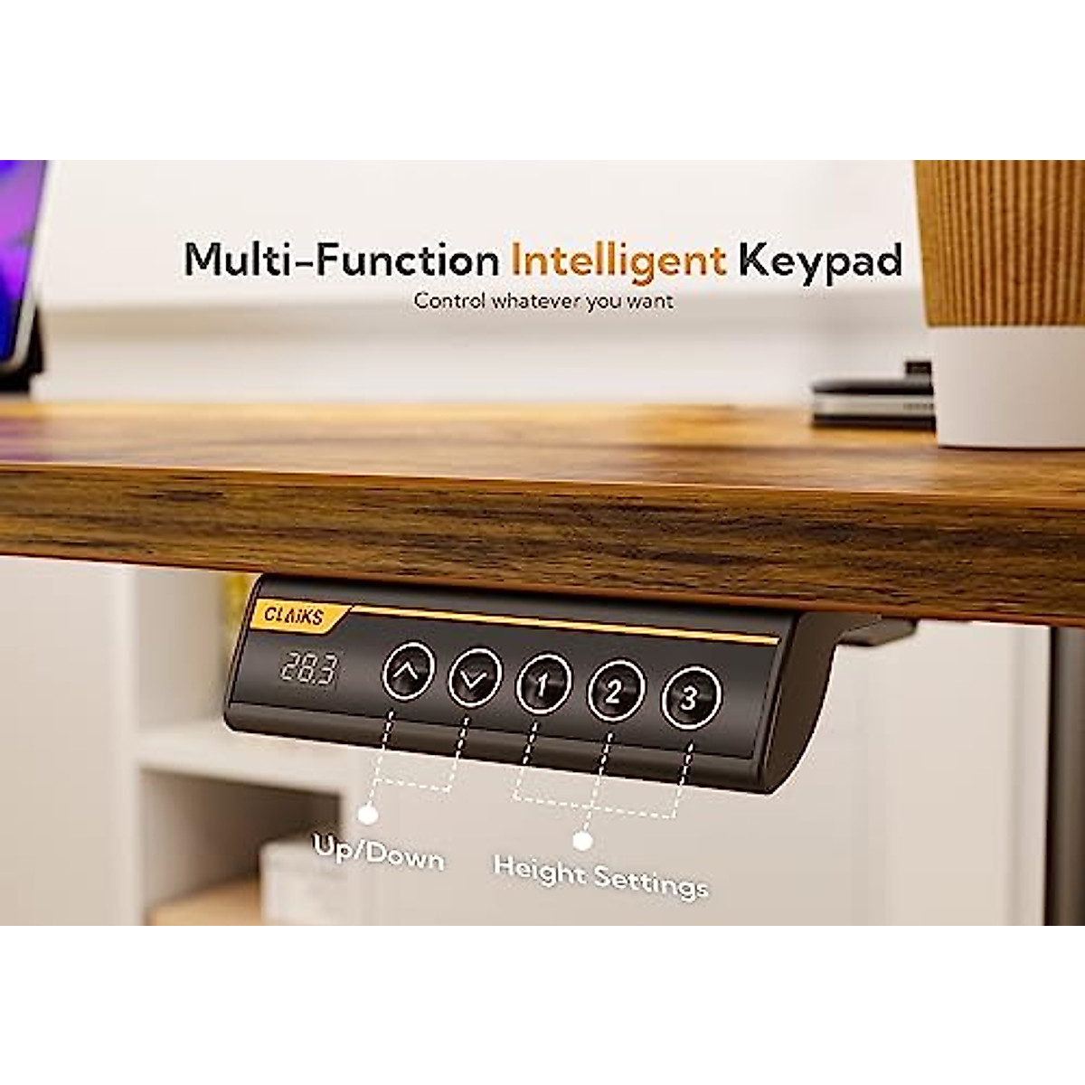 Claiks Electric Standing Desk, Adjustable Height Stand up Desk, 48x24 Inches Sit Stand Home Office Desk with Splice Board, Black Frame/Rustic Brown Top