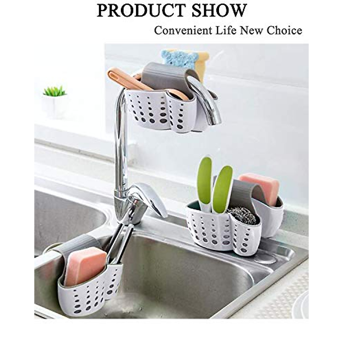 Sink Caddy Sponge Holder for Kitchen Sink Faucet Hanging Sink Sponge Caddy Organizer for Sponge, Brush, Soap, Silicone Plastic Saddle Faucet Flexible Caddy with Drain Holes for Drying,Double White