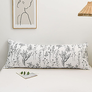 White Flowers Body Pillow Cover 20x54 inches Black Sketch Flowers Printed Country Style Decor Botanical Body Pillow Case Cover with Pocket Closure(Body,Black Flower)