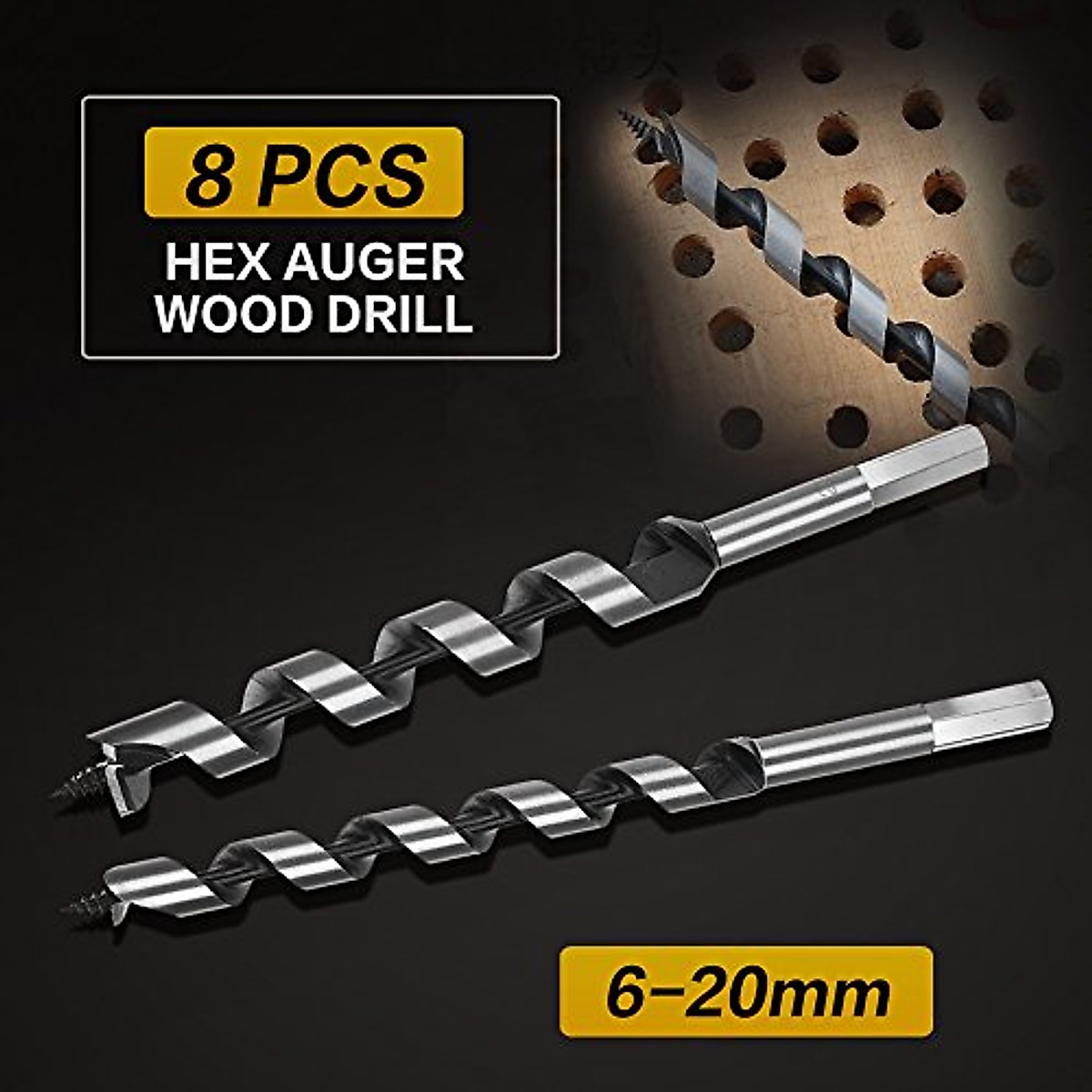 Zerone Auger Drill Bit, 8pc Carbon Steel Hex Shank Brad Point Drill SDS Auger Spiral Wood Drilling Tool with Wooden Case, Diameter 6mm 8mm 10mm 12mm 14mm 16mm 18mm 20mm