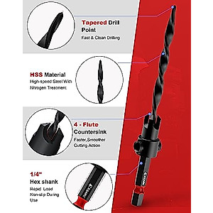EZARC Countersink Drill Bit Set, 3 PCS Tapered Drill Bits Counter Sinker Set, 1/4" Hex Shank Quick Change for Woodworking, Pilot Screw Hole Set