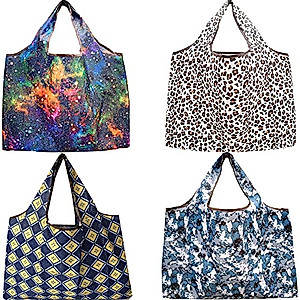 Aschar 4 Packs Reusable Grocery Bag Large Washable Fold Nylon Shopping Tote Bag (Mix)
