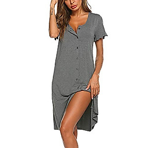 Ekouaer Women's Nightshirt Short Sleeve Button Down Nightgown V-Neck Sleepwear Pajama Dress, Grey, Large