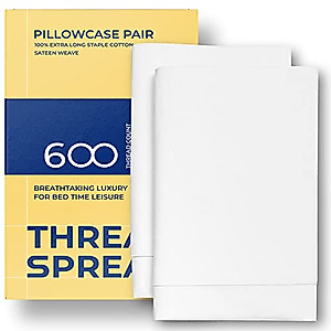 600 Thread Count 100% Egyptian Cotton Pillow Cases, White Standard Pillowcase Set of 2, Long-Staple Combed Pure Natural 100% Cotton Pillows for Sleeping, Soft & Silky Sateen Weave Bed Pillow Cover