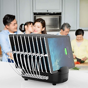 ORICO 120W 10 Port Charging Station for Multiple Devices 10 Ports Smart USB Charging Docking Organizer with Cooling Fan Compatible for iPhone, iPads, Samsung, Android Phone and Tablets
