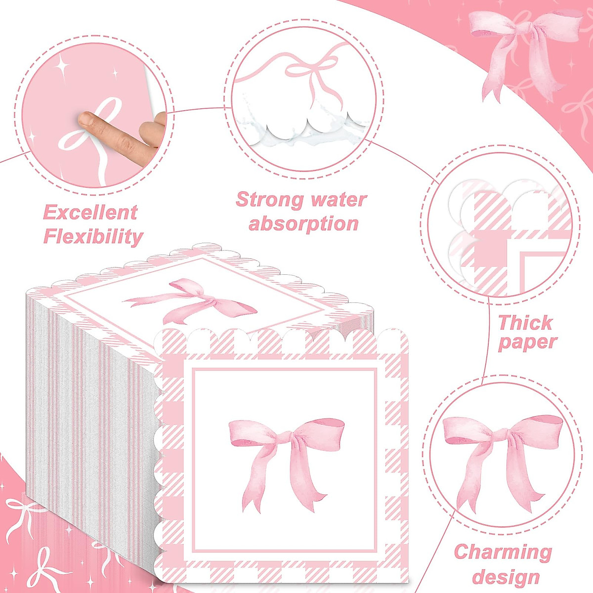 120 Pcs Pink Bow Napkins Birthday Party Decorations Bow Theme Bachelorette Party Supplies Pink Bow Hand Towel Dinner Napkins Party Decor for Girl Bridal Engagement Baby Shower Tea Bday Ribbon Favor