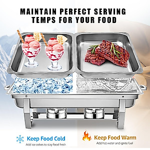 EVGTTI Chafing Dish Buffet Set, 2 Pack 8 Qt, Stainless Chafer w/ 4 Half Size Pans, Rectangle Catering Warmer Server w/Lid Water Pan Folding Stand Fuel Tray Holder Clip, at Least 8 People Each
