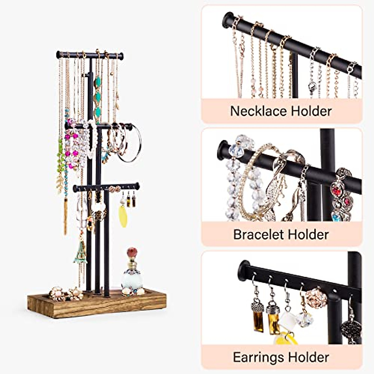 Love-KANKEI Jewelry Organizer Stand Metal & Wood Base and Large Storage Necklaces Bracelets Earrings Holder Organizer Black and Carbonized Black