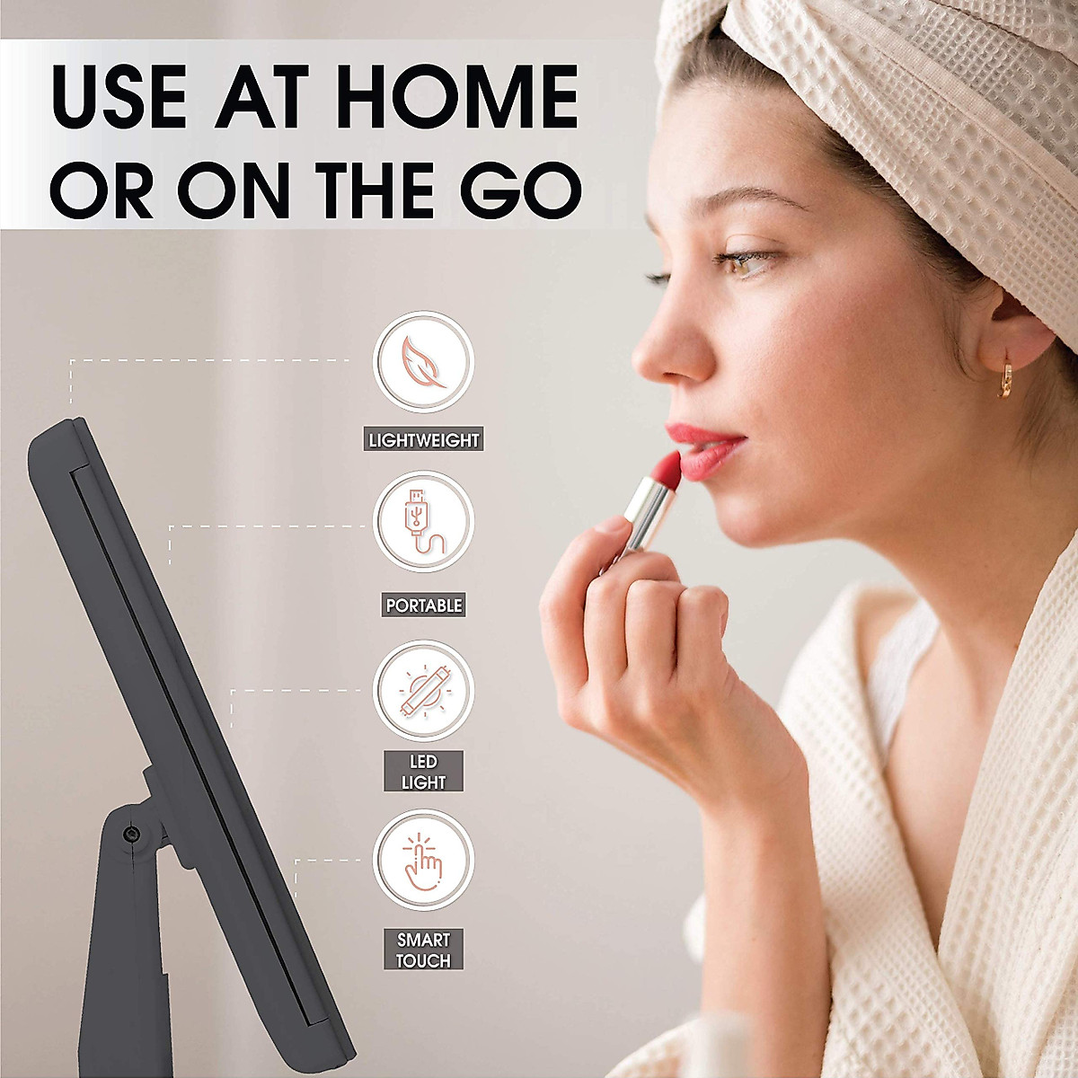 Beautyworks Backlit Makeup Vanity Mirror 36 LED Lights Touch-Screen Light Control, Tri-Fold 1/2/3X Magnification, Portable High-Definition Cosmetic Magnifying Personal Makeup Mirrors (Midnight Black)